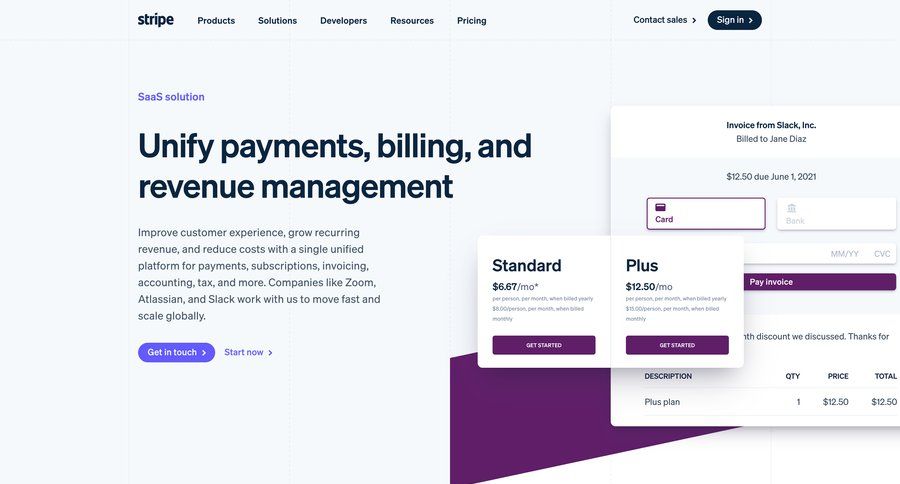Stripe UI screen examples