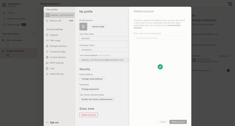 Delete account page design examples from Web apps
